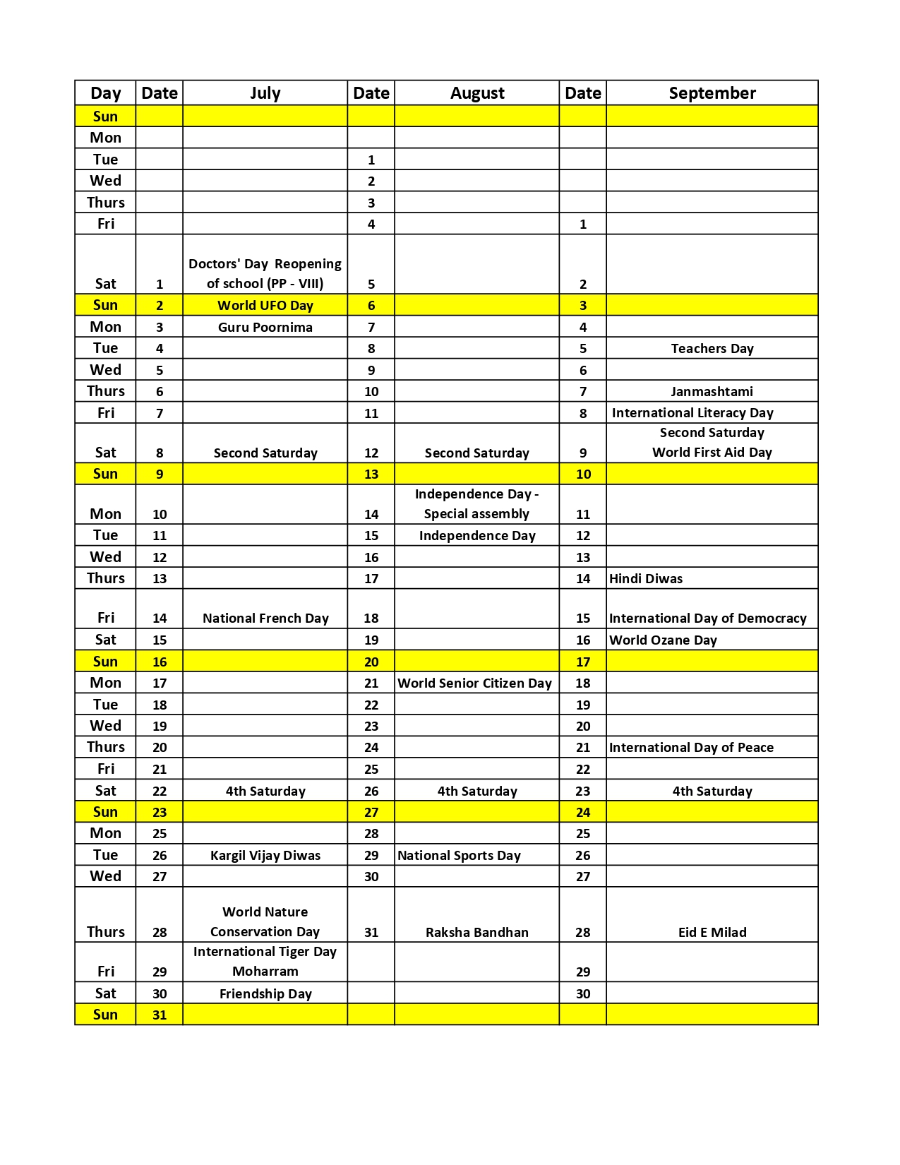 School Calender